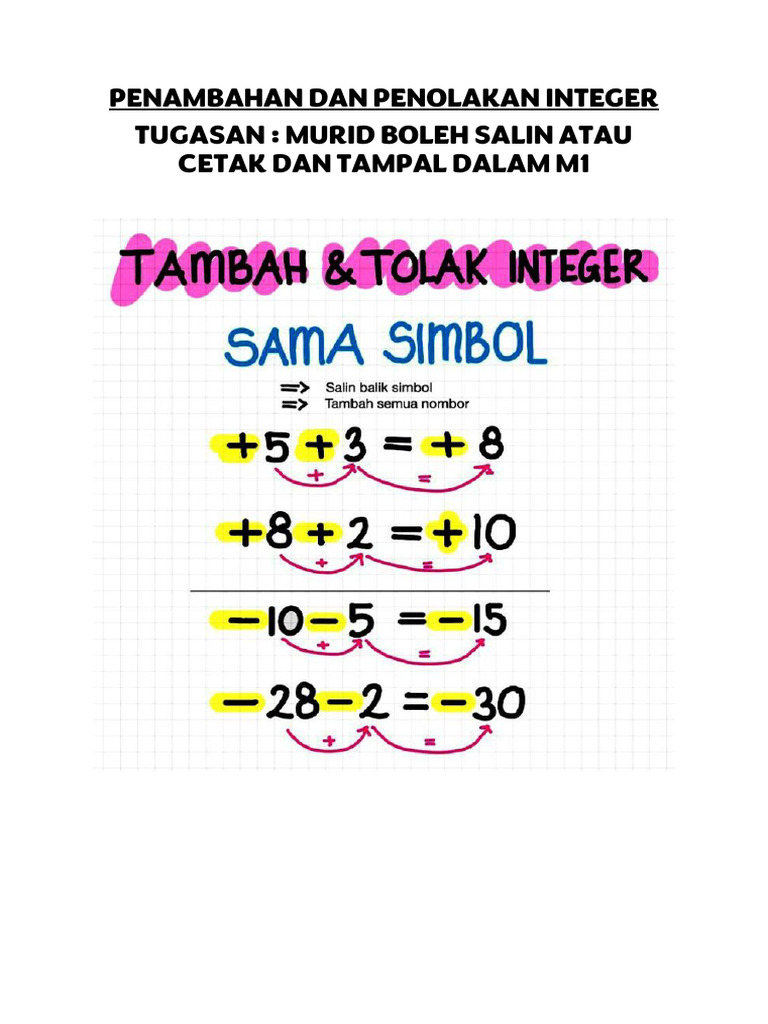 Penambahan Dan Penolakan Integer - Nota Murid | PDF