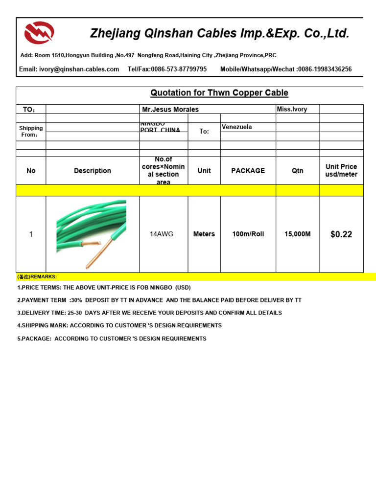 Quotation Offer For THWN Copper Cable - From Ivory-20230506 20230506 ...