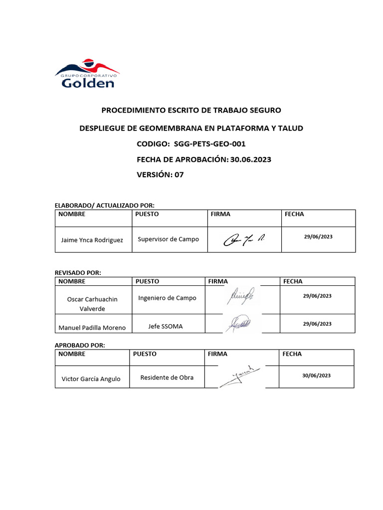 Sgg-Pets-Geo-001 Despliegue de Geomembrana en Plataforma y Talud - v.07 | PDF