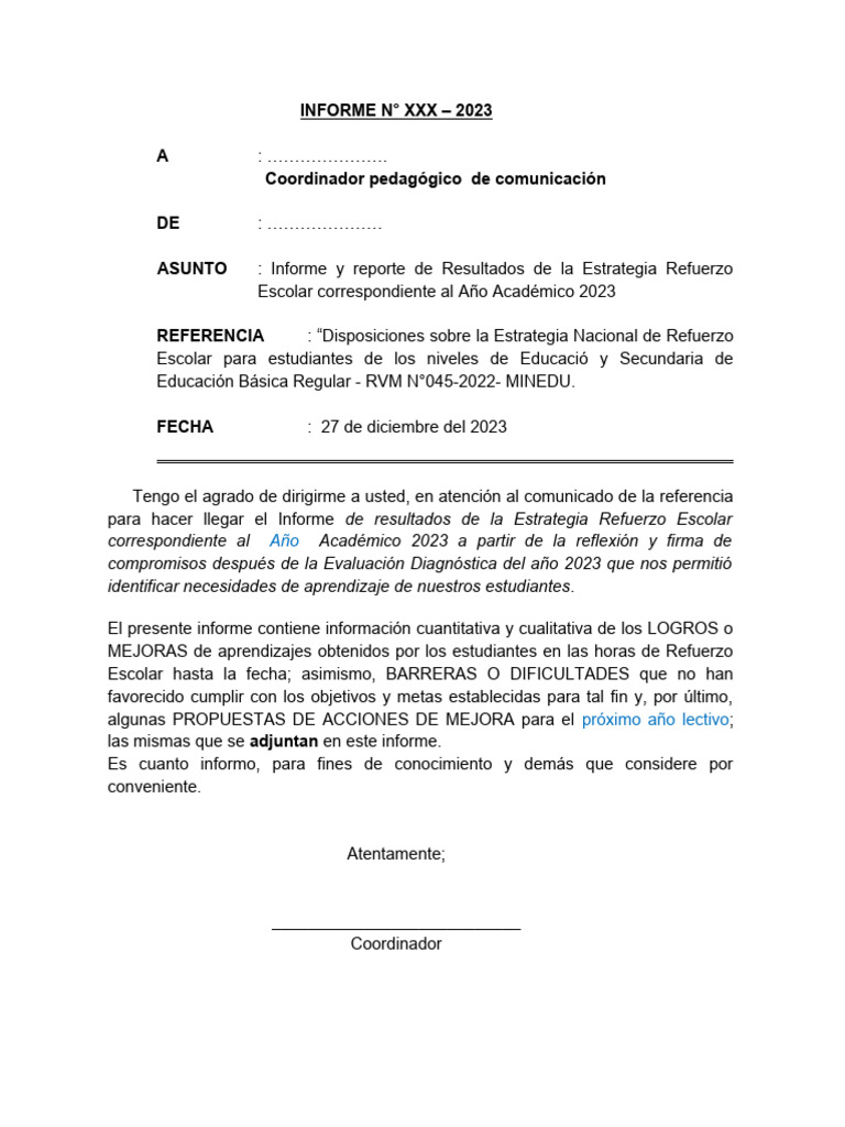 INFORME N°01 - Refuerzo Escolar - 2023 | PDF