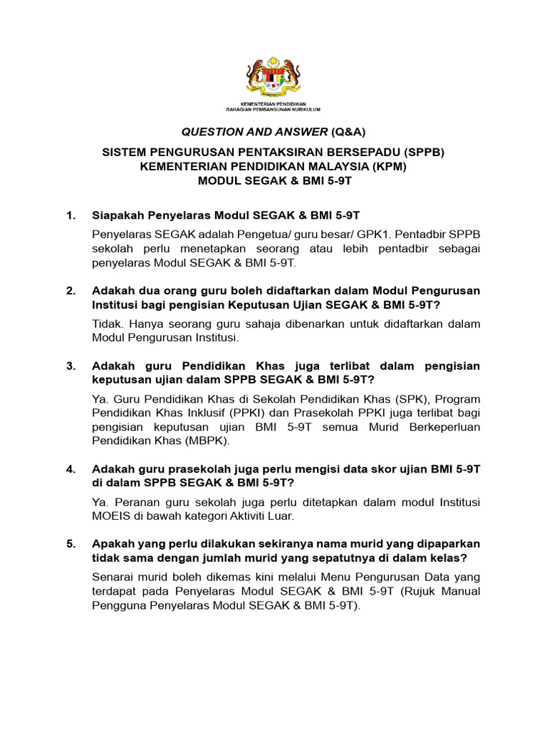 Question and Answer (Q&A) SPPB SEGAK & BMI 5-9T | PDF