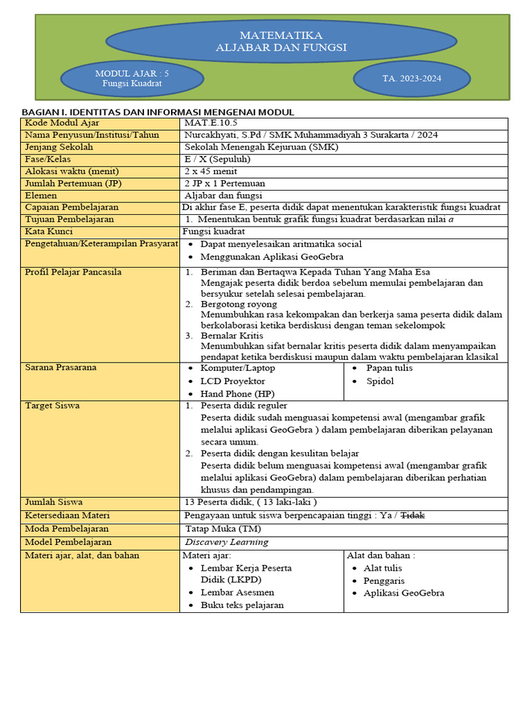 Fungsi Kuadrat Modul Materi Lengkap | PDF
