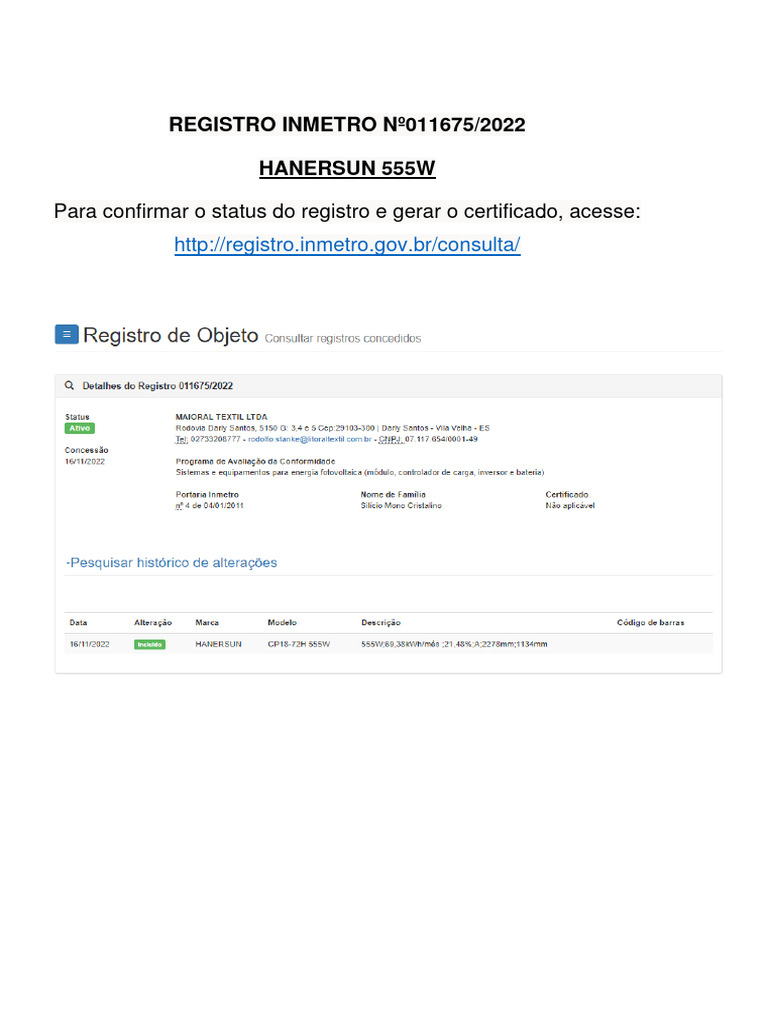 Inmetro Hanersun (Tier 1) 555W | PDF