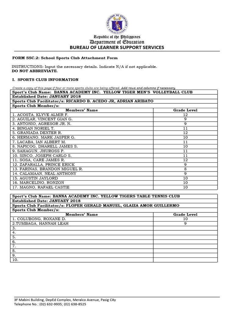 SSC-2 School Sports Club Form | PDF