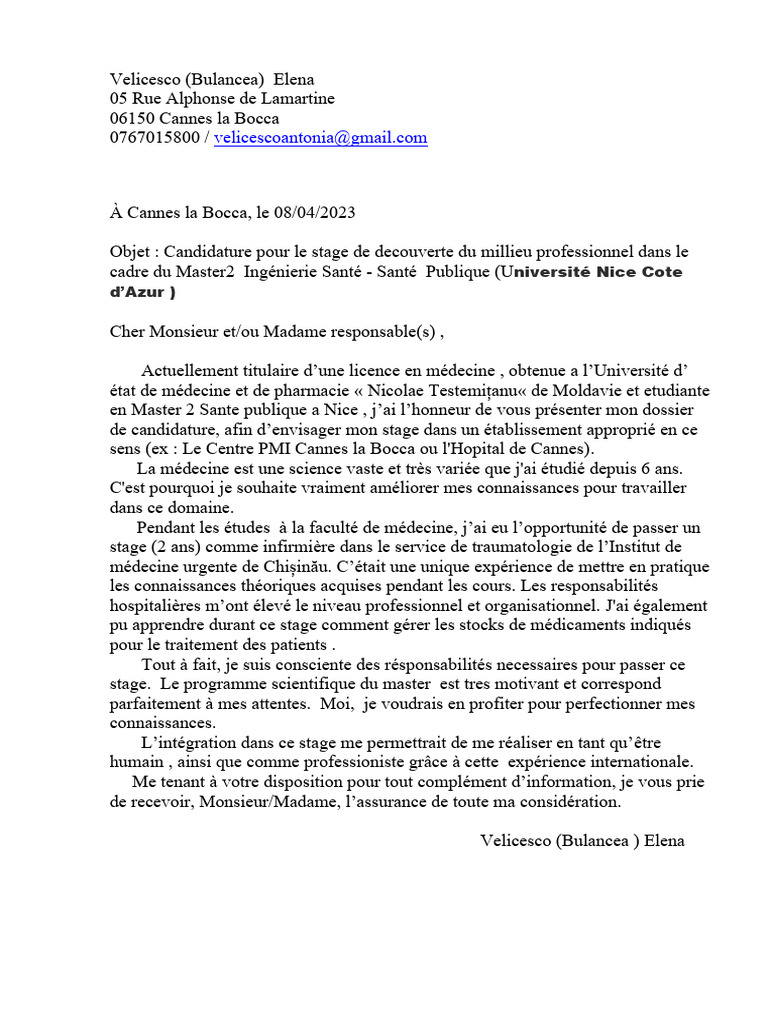 Lettre Motiv Stage | PDF