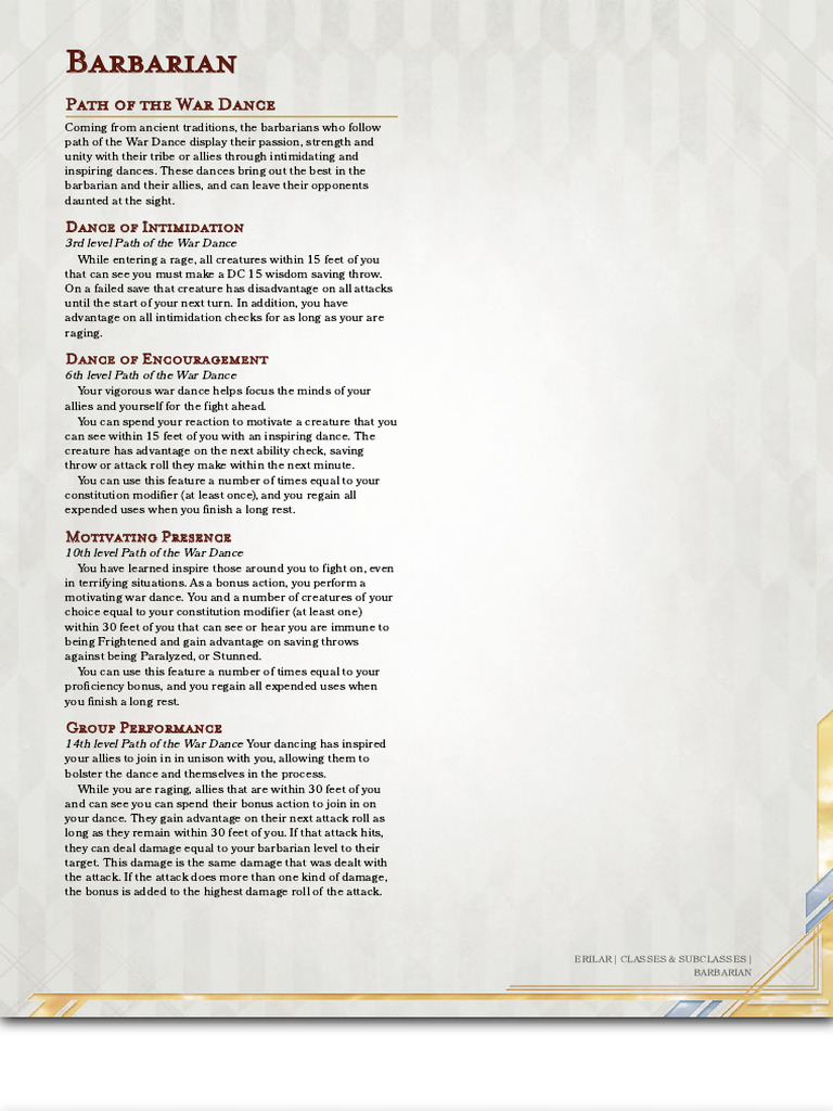 Subclass - Barbarian - Path of The Wardance - GM Binder | PDF
