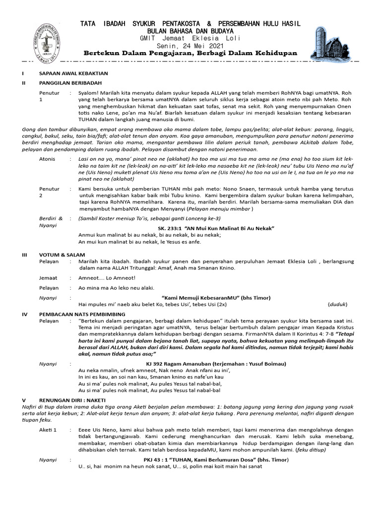 Liturgi Syukur Pentakosta - 24 Mei 2021 | PDF Liturgi Syukur Pentakosta - 24 Mei 2021 | PDF