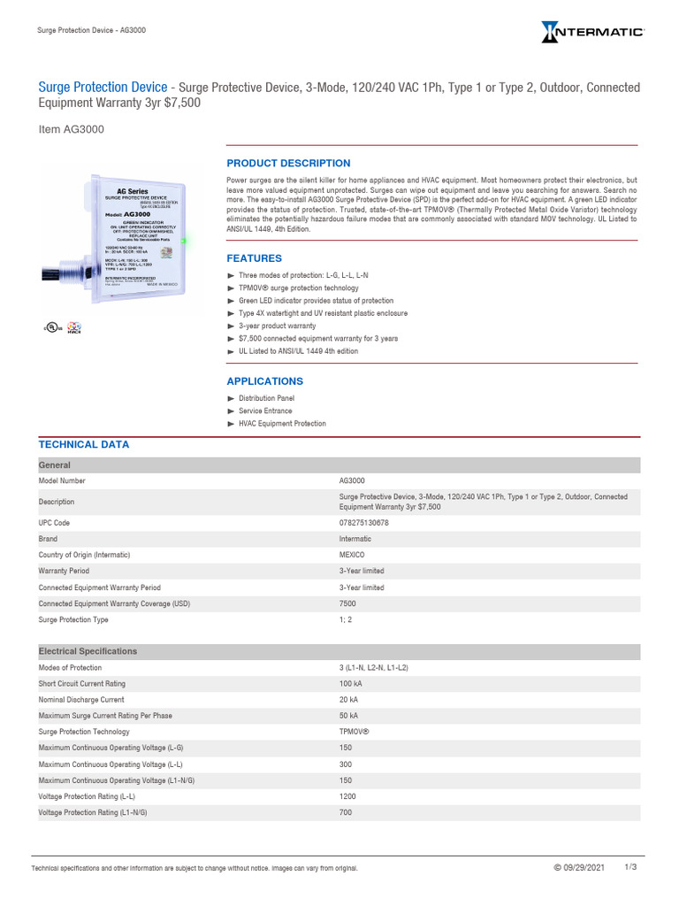 Surgeprotectiondevice Ag3000 Technical Data en | PDF | Alternating ...