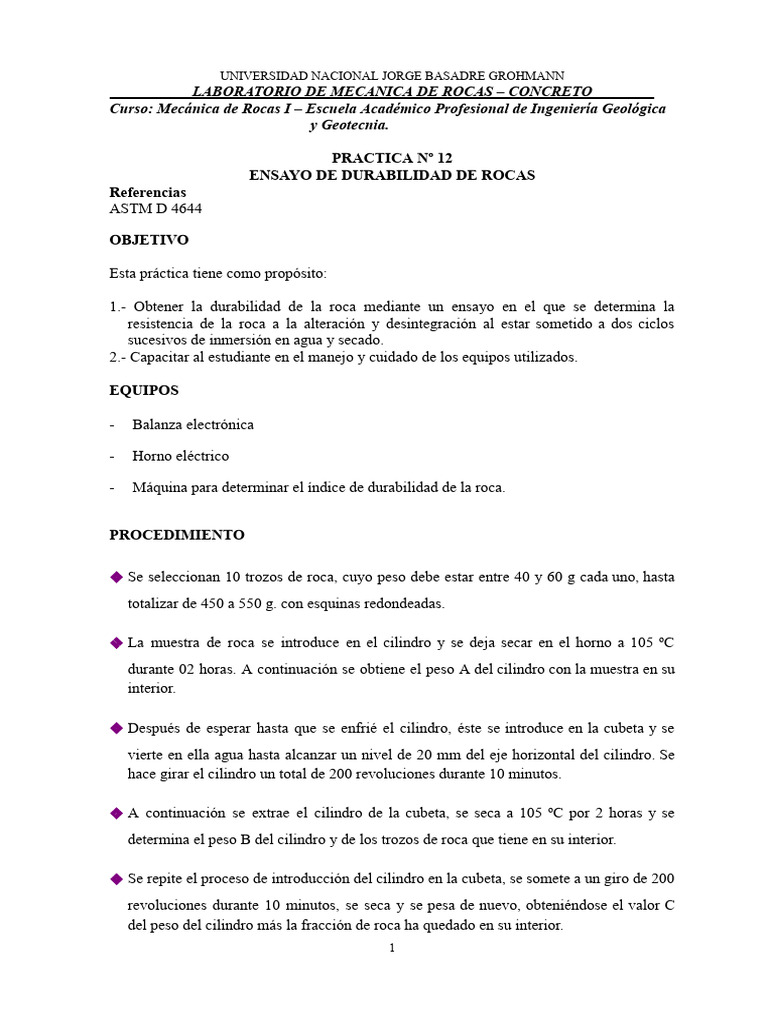 Practica #12 (Durabilidad de Rocas) | PDF | Hormigón | Ciencias fisicas
