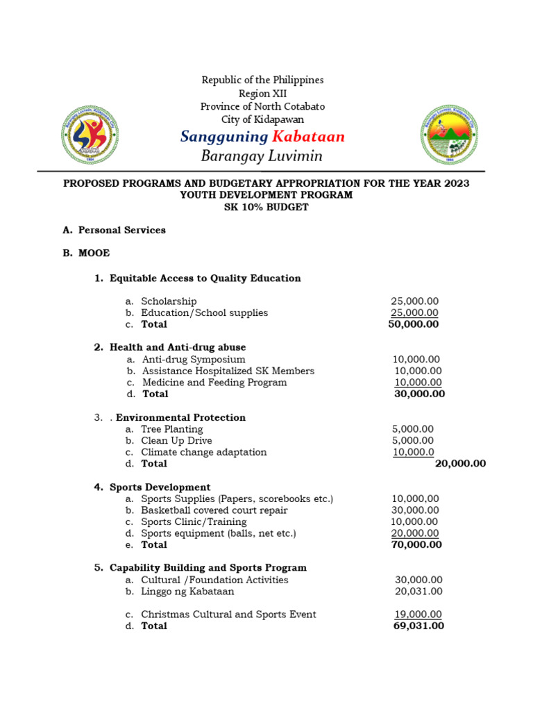 SK Proposed Programs and Budgetary Appropriation For The Year 2023 ...