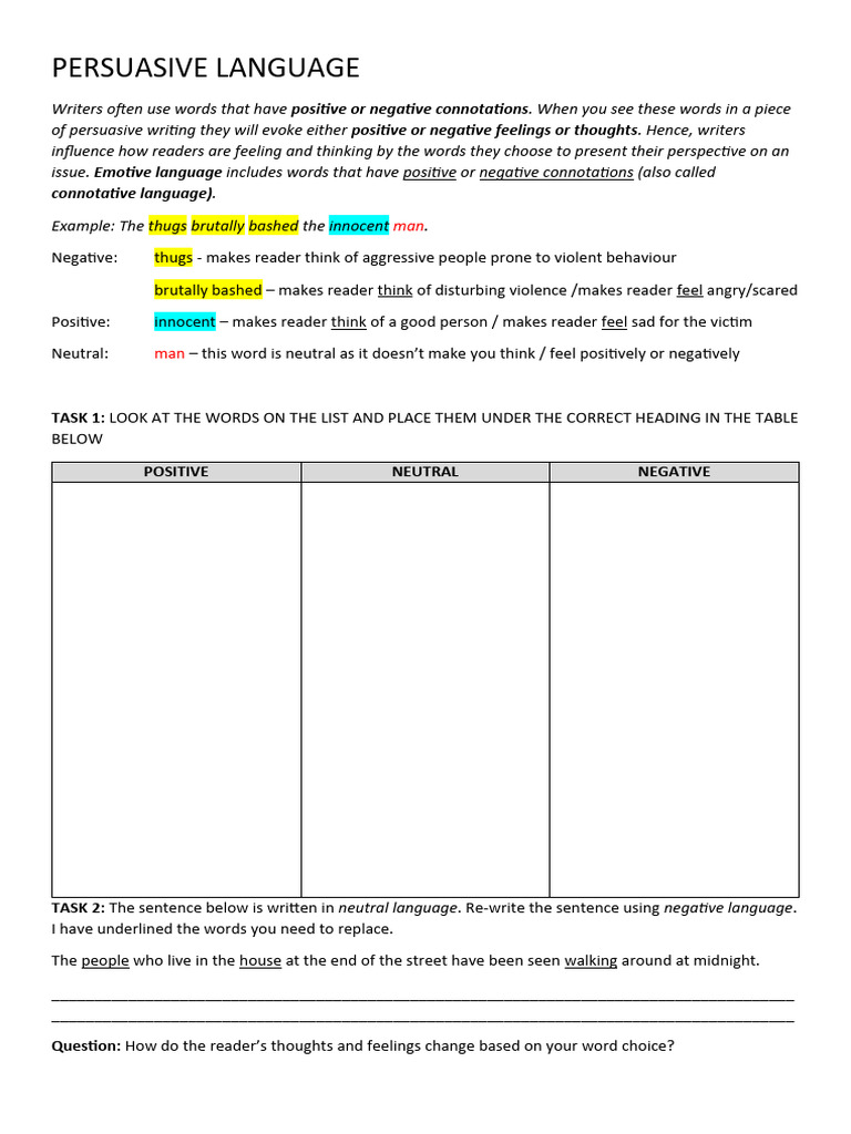 Persuasive Language - Positive & Negative Connotation | PDF