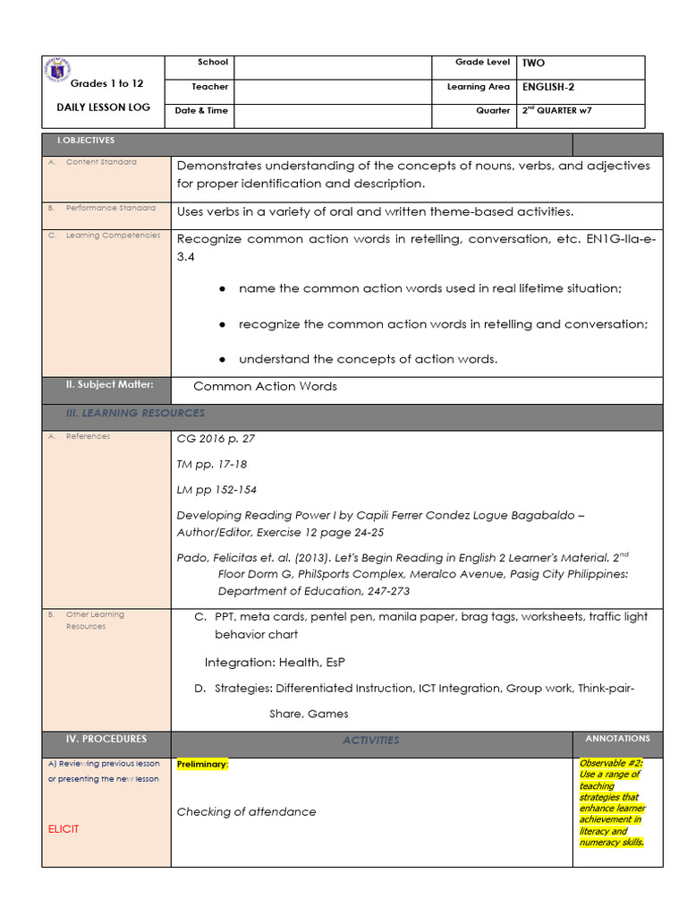Cot English Grade 2 QTR 2 Action Words | PDF | Teachers | Learning