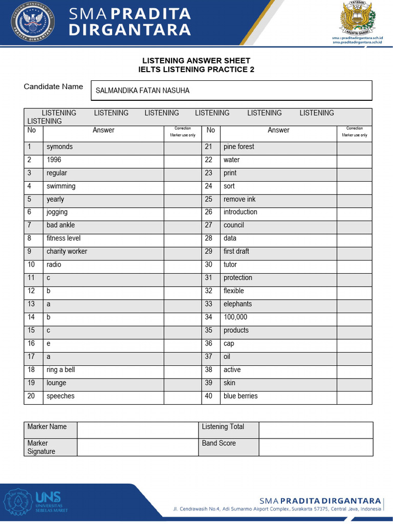 Practice 2 - Listening Answer Sheet | PDF