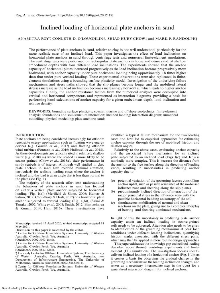 Roy - 2021 - Inclined Loading of Horizontal Plate Anchors in Sand | PDF ...