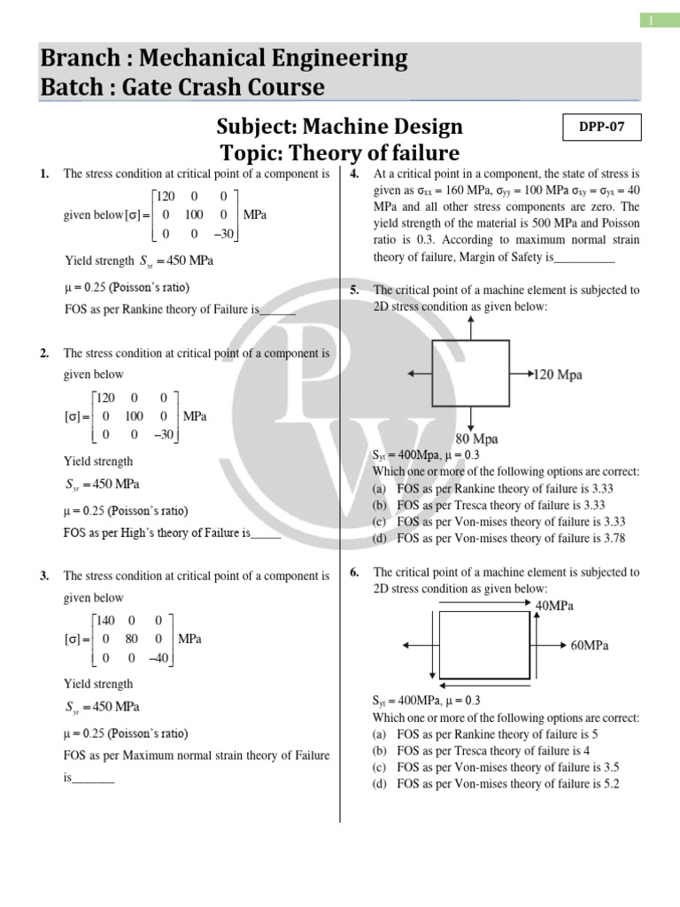 Design Against Static Loads - II - DPP-07 - GATE Crash Course 2023 Mechanical | PDF | Strength ...