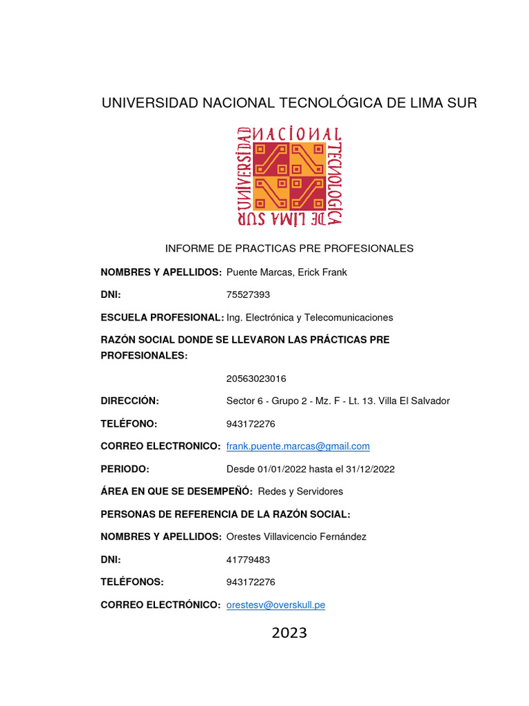 Informe de Practicas Preprofesionales Erick Frank Puente Marcas | PDF ...