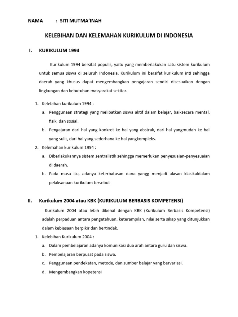 Kelebihan Dan Kelemahan Kurikulum - Siti Mutmainah | PDF | Karier & Perkembangan
