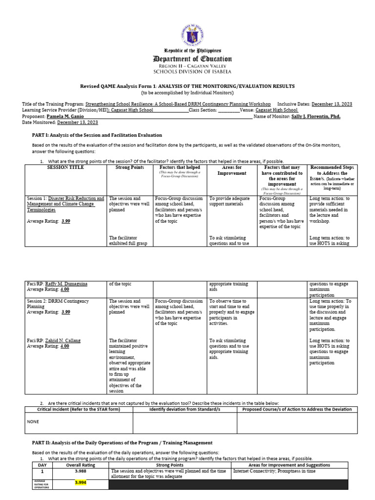 QAME Analysis Form 1 - DRRM CON PLAN 2023 | PDF