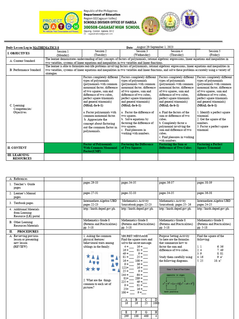 DLL-Math8 WK1 | PDF | Teaching Methods & Materials