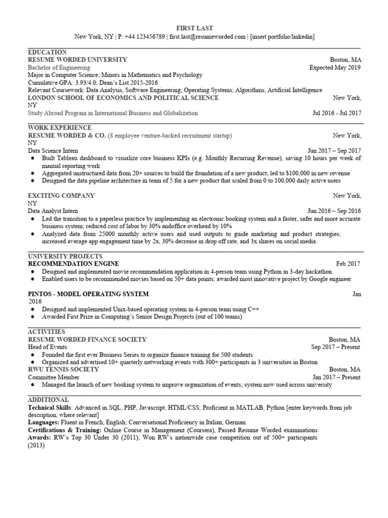 EXAMPLE Entry Level Data Scientist Resume | PDF | Data Analysis | Data EXAMPLE Entry Level Data Scientist Resume | PDF | Data Analysis | Data