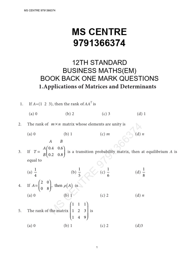 Namma Kalvi 12th BM Book Back One Mark Questions English Medium 216212 | PDF
