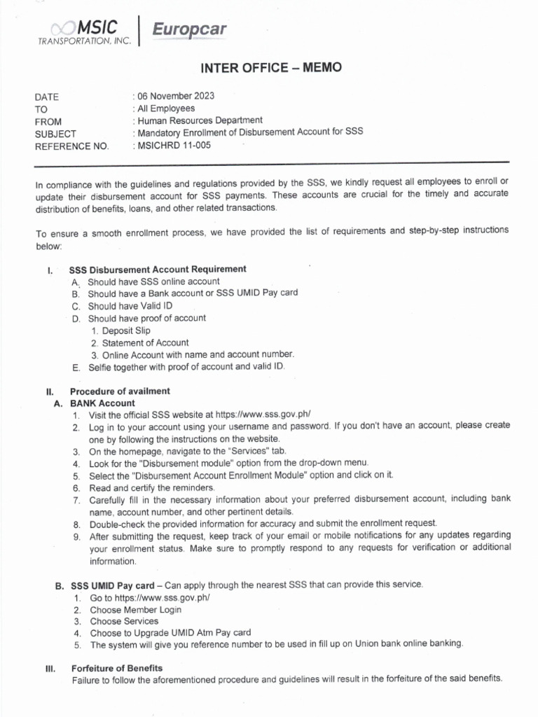 INTER OFFICE-MEMO Mandatory Enrollment of Disbursement Account For SSS System | PDF