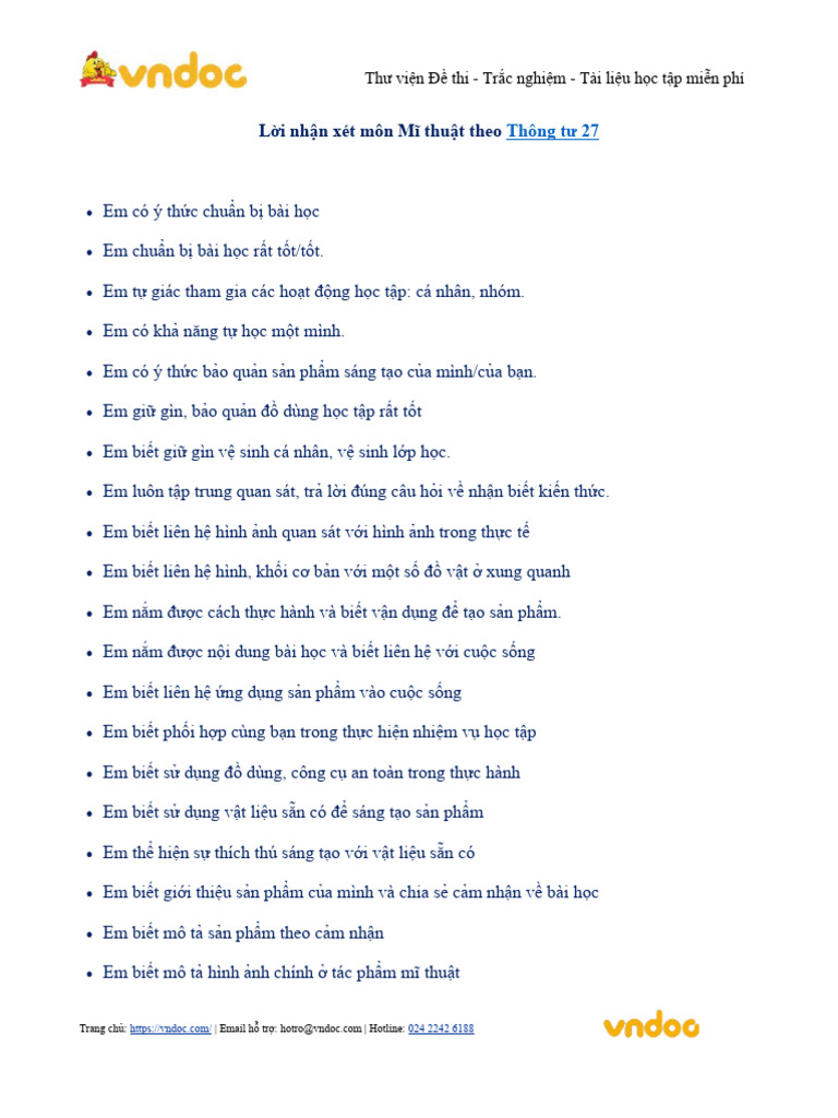 Mau Nhan Xet Mon Mi Thuat Tieu Hoc Theo Thong Tu 27 | PDF