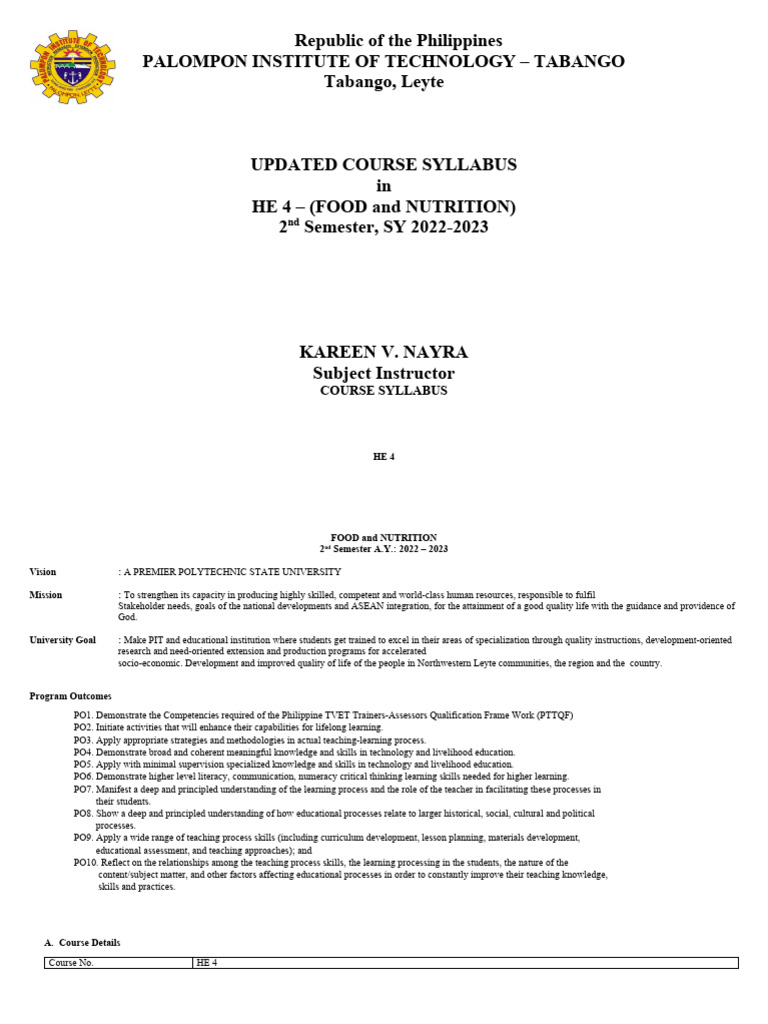 Syllabus BTLED 2 Food and Nutrition | PDF | Nutrition | Diet & Nutrition