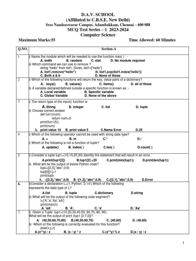 Class 12 CS MCQ 2 SET A 1 11 2023 | PDF | Function (Mathematics) | Software Engineering