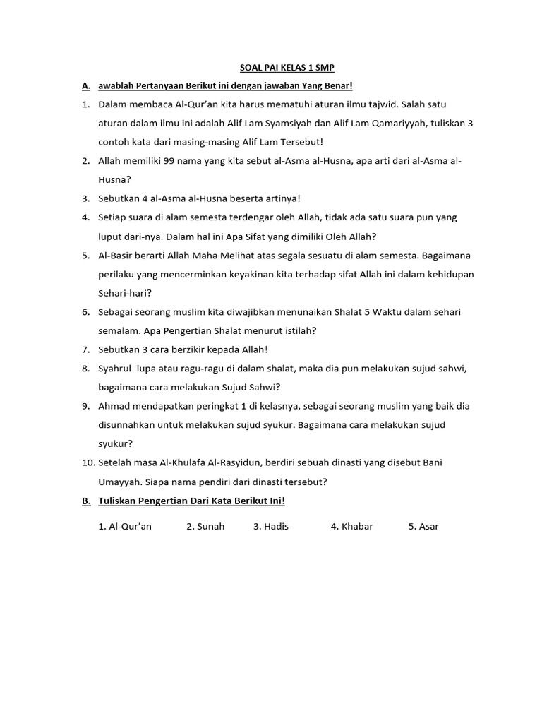 Soal Pai Kelas 1 Fix - 085051 | PDF