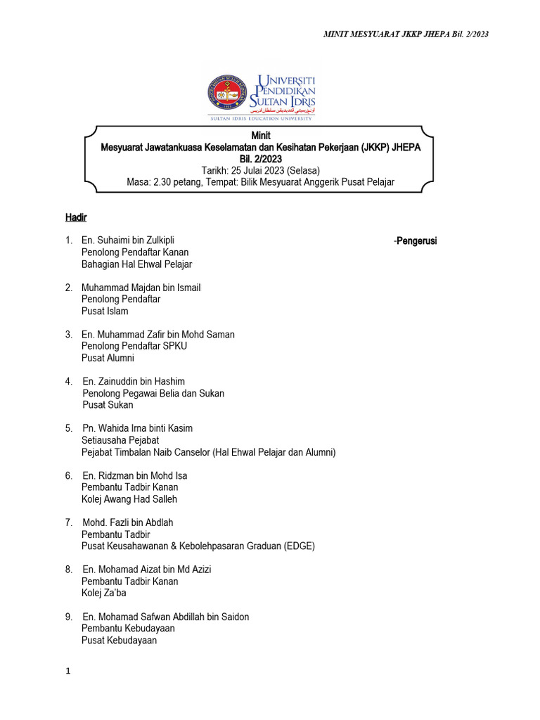 Minit Mesyuarat JKKP JHEPA Bil 2 2023 | PDF