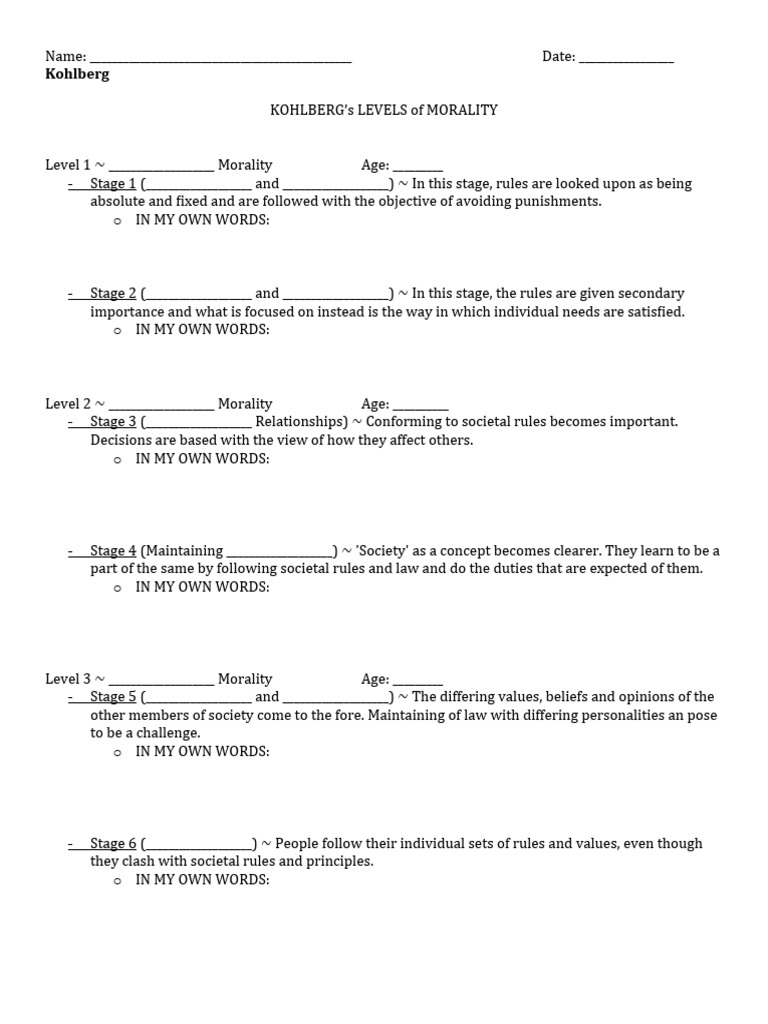 Kohlberg Worksheet | PDF | Morality | Social Psychology
