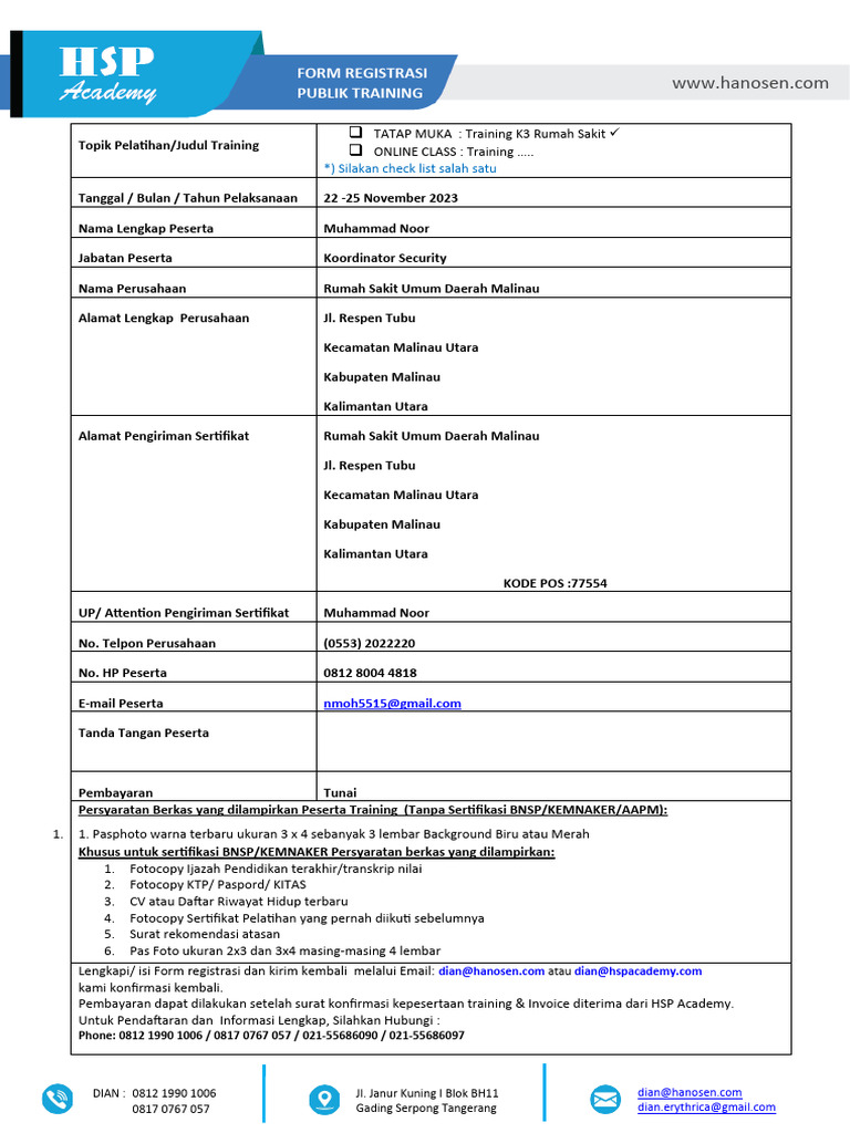 Formulir Registrasi Training K3 2023 | PDF