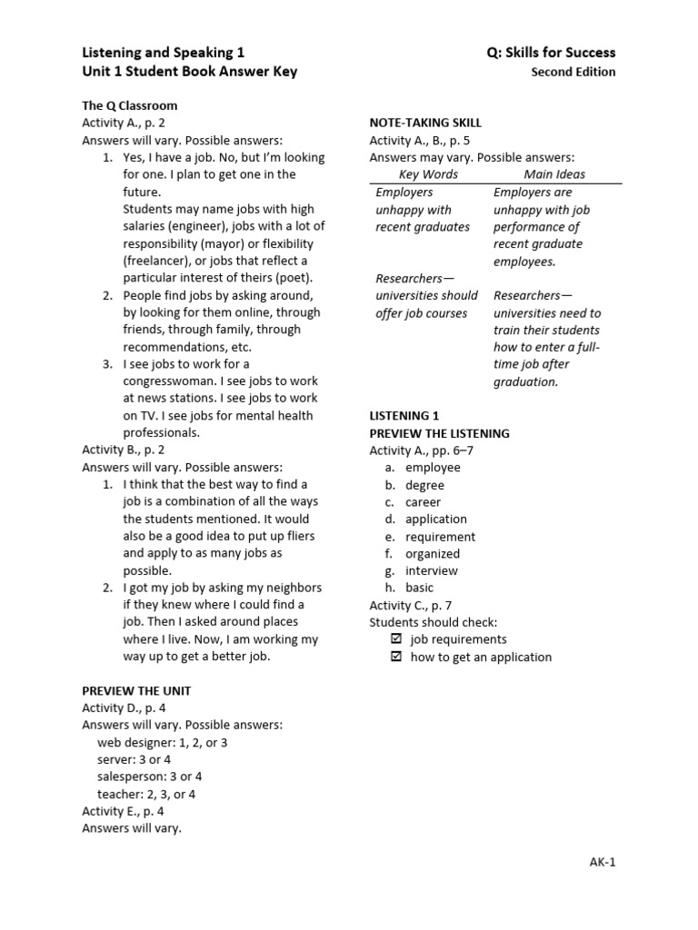 Q2e LS1 U01 AnswerKey | PDF | Sales | Employment