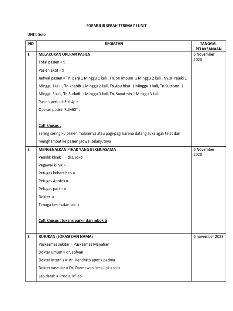 Formulir Serah Terima PJ Unit Solo | PDF