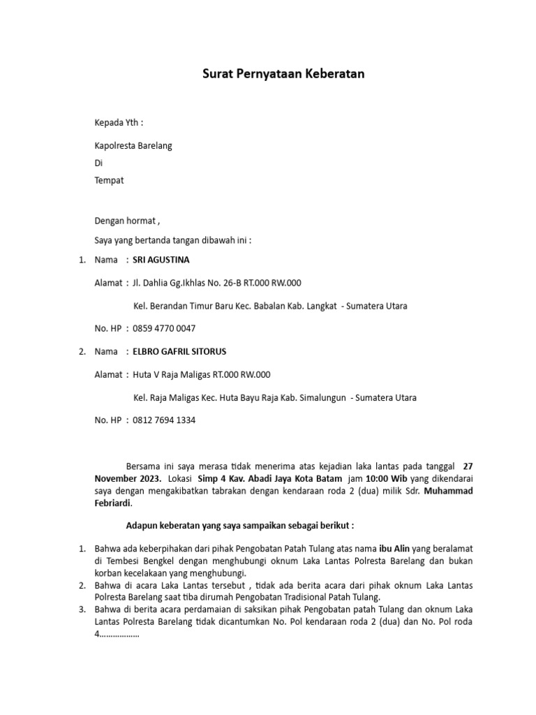 Surat Pernyataan Keberatan | PDF