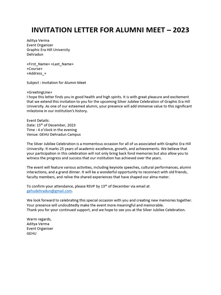 INVITATION LETTER FOR ALUMNI MEET Adi | PDF