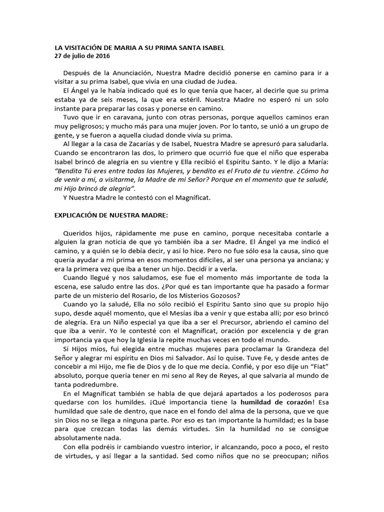 La Visitación de Maria A Su Prima Santa Isabel | PDF | María, madre de ...