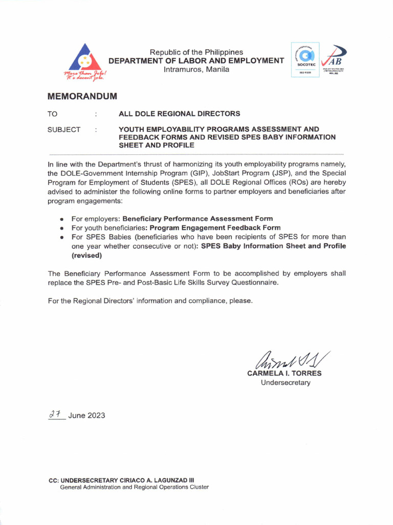 Approved - Memo On Youth Employability Programs Assessment and Feedback Forms and Revised SPES ...