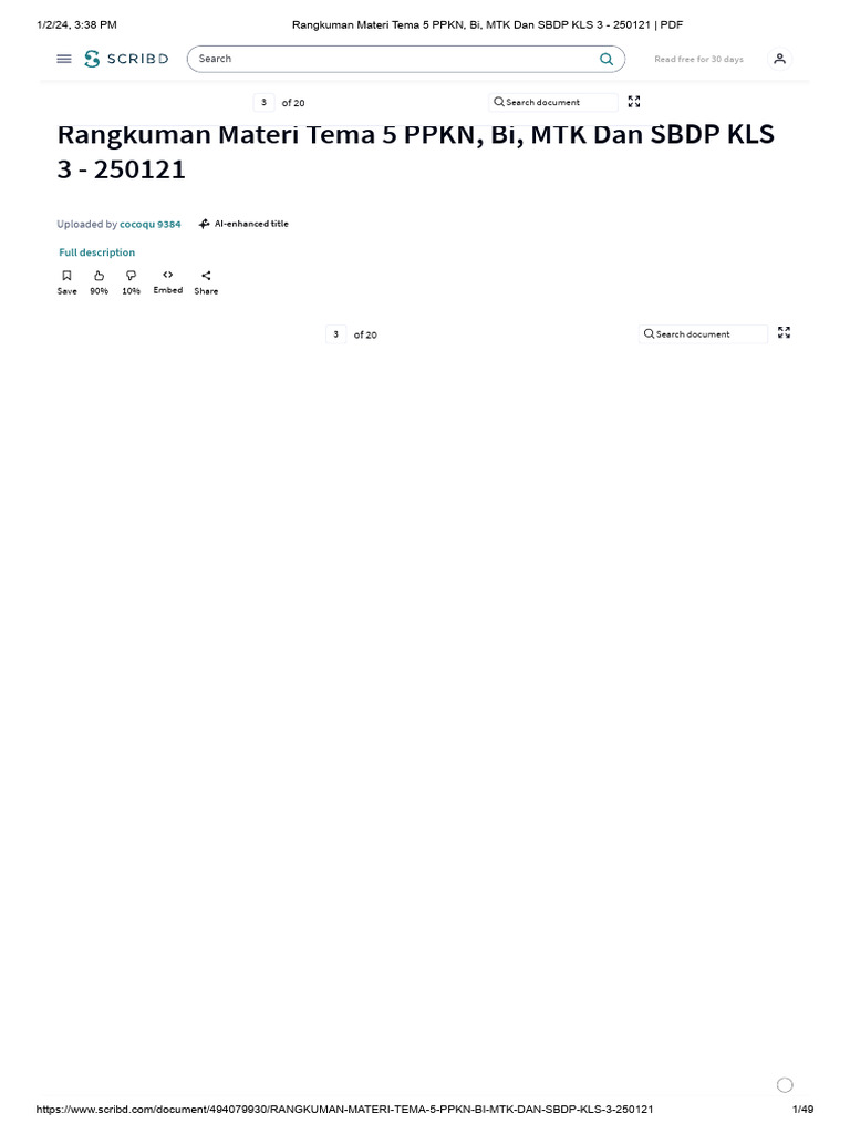 Rangkuman Materi Tema 5 PPKN, Bi, MTK Dan SBDP Kls 3 - 250121 - PDF | PDF