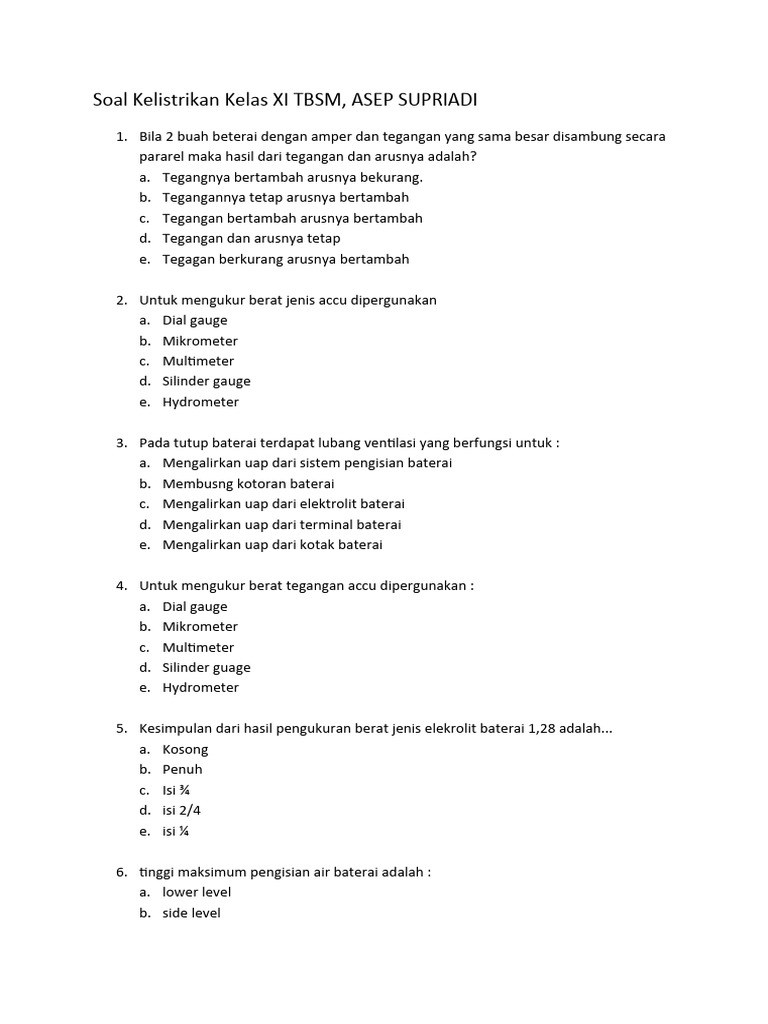 Soal Kelistrikan Kelas XI TBSM TH 2022 ASEP SUPRIADI | PDF