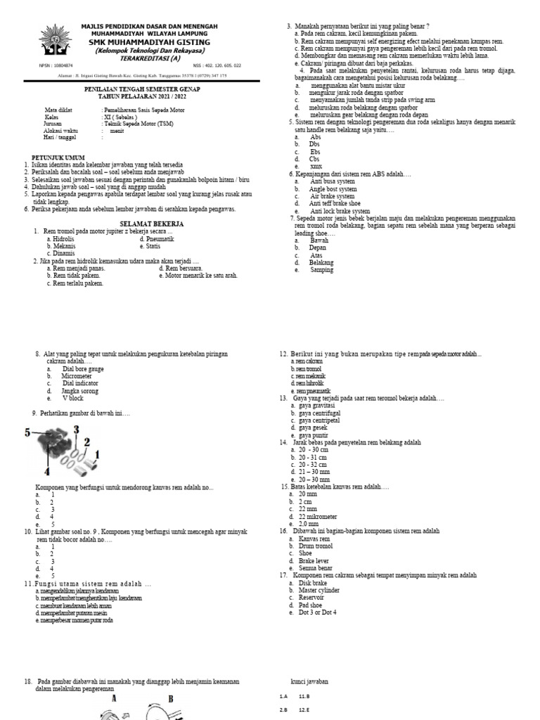 Soal Peml. Sasis TBSM Kelas Xi. Misyanto | PDF
