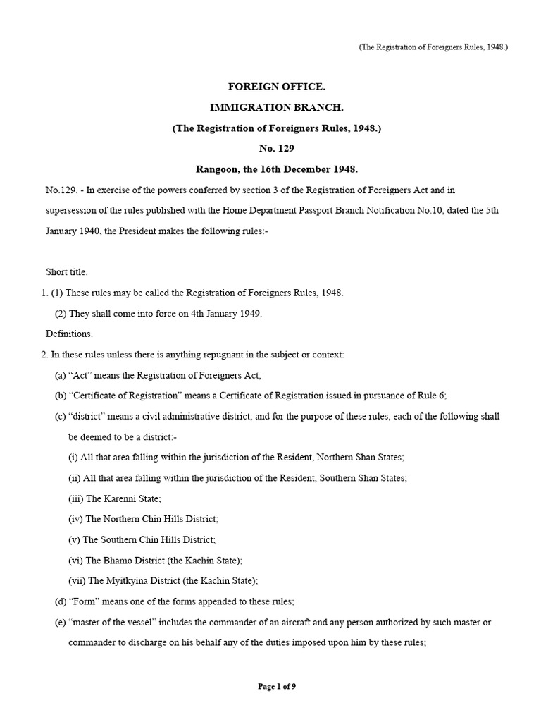 Registration of Foreigners Rules 1948 | PDF | Identity Document ...