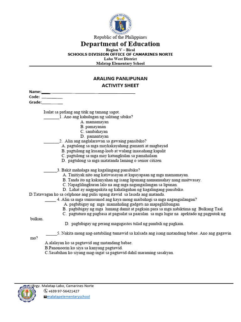Araling Panlipunan Activity Sheet For Print | PDF
