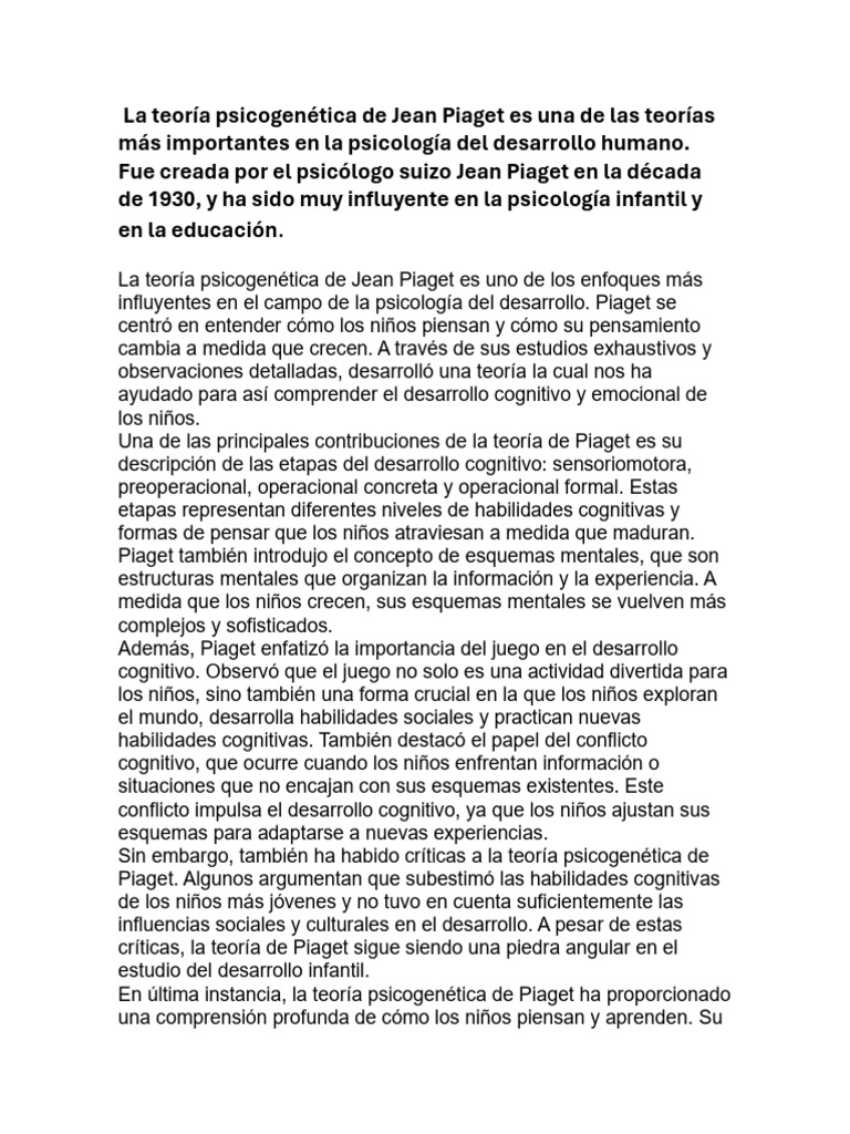 La teoría psicogenética de Jean Piaget (Resumen) | PDF | Aprendizaje ...