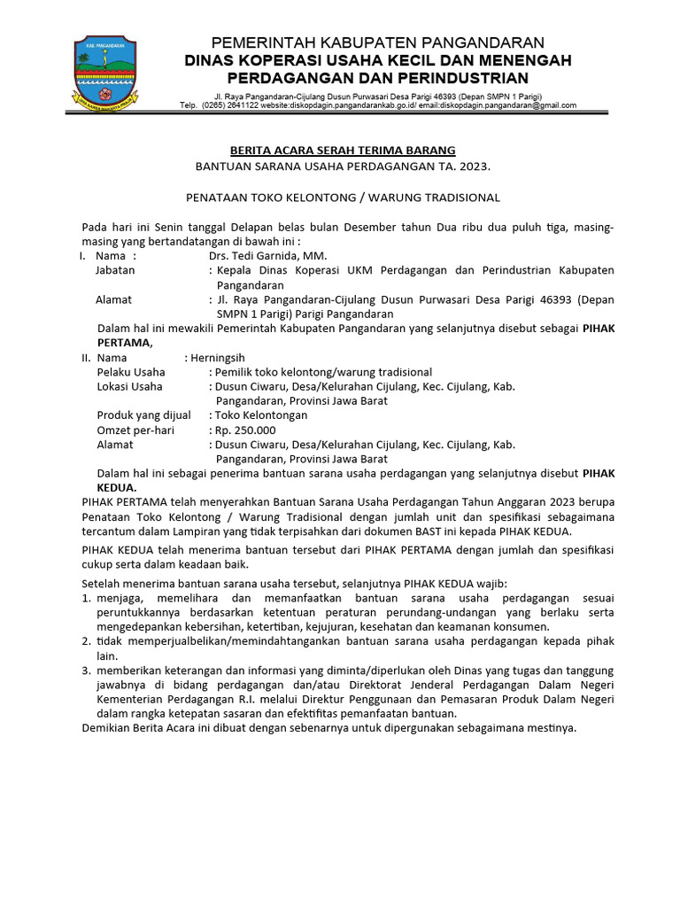 Template Ba Serah Terima Dinas Ke Pemilik Warung Dan Surat Pernyataan Bast - Warung 2023 ...