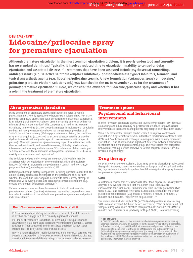 Lidocaine Prilocaine Spray For Premature Ejaculation | PDF