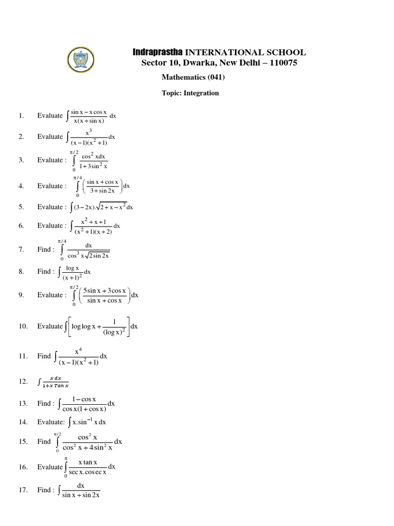 IPIS Integration Worksheet 2023-24 | PDF | Mathematical Objects | Mathematical Relations