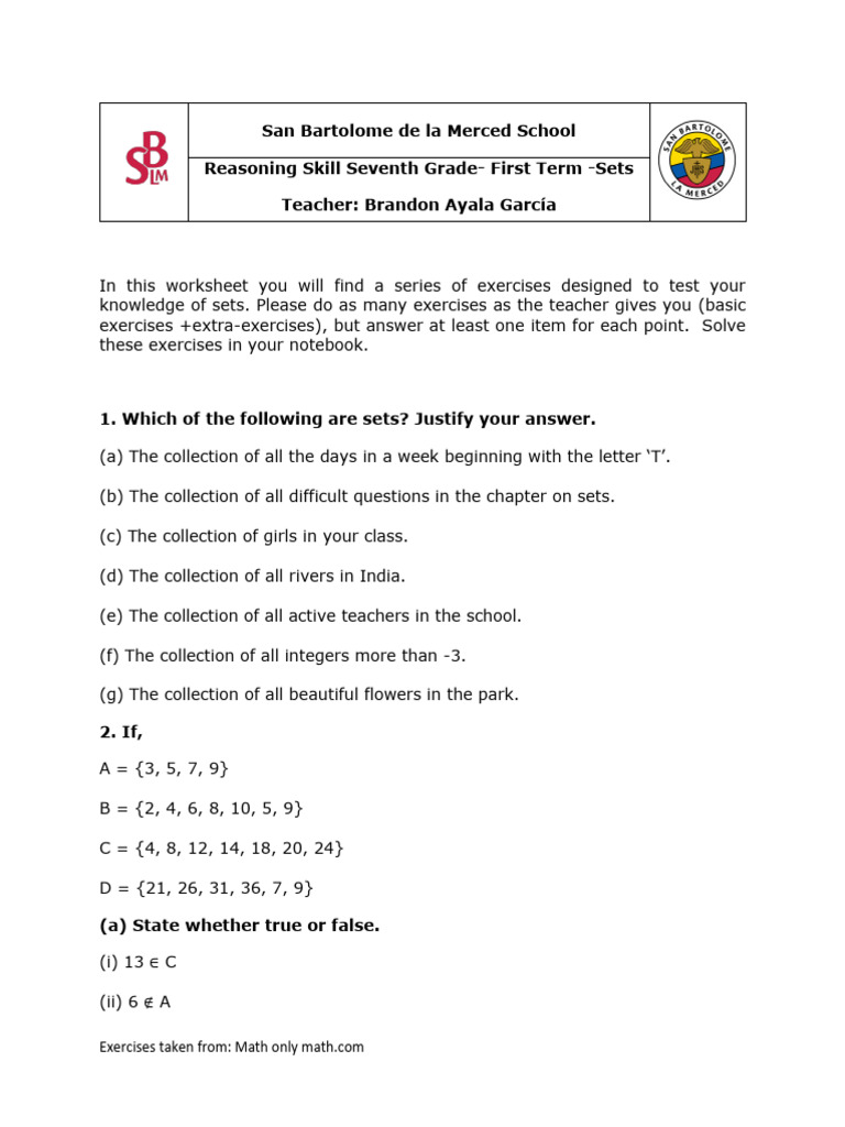 Sets Worksheet | PDF | Mathematics