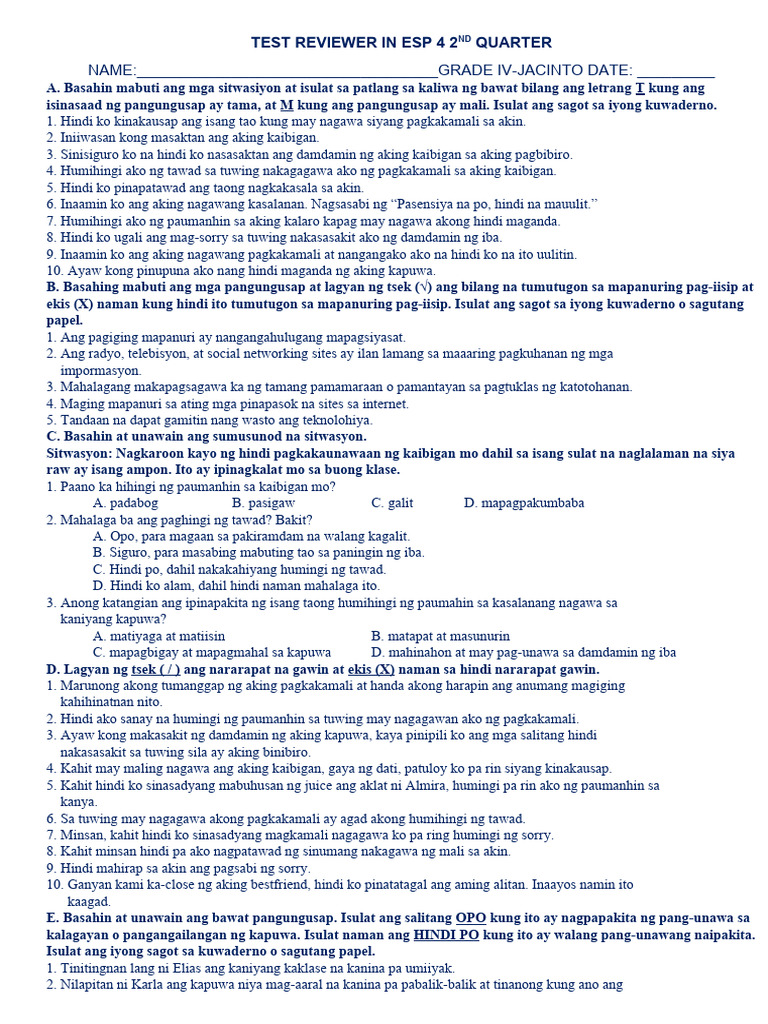 TEST REVIEWER IN ESP 4, Math 4, Ap 4, Filipino 4, Mapeh 4 2ND QUARTER | PDF